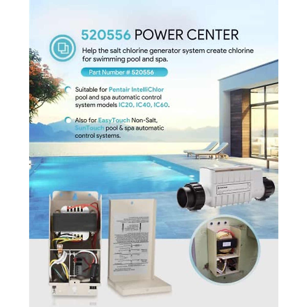 sixcow 520556 Power Center for Pentair IntelliChIor Pool and Spa Automatic Control System Models IC20, IC40, IC60 for Salt ChIorine Generator Systems