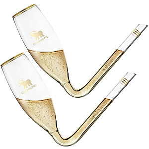 Chambong - Champagne Flute Party Set - 2 Glass Champagne Shooters (6 oz) & 1 Dark Wood Flute Holder (Holds 2) - Perfect for Bachelorette Party Favors, Engagement Gifts & White Elephant Gifts