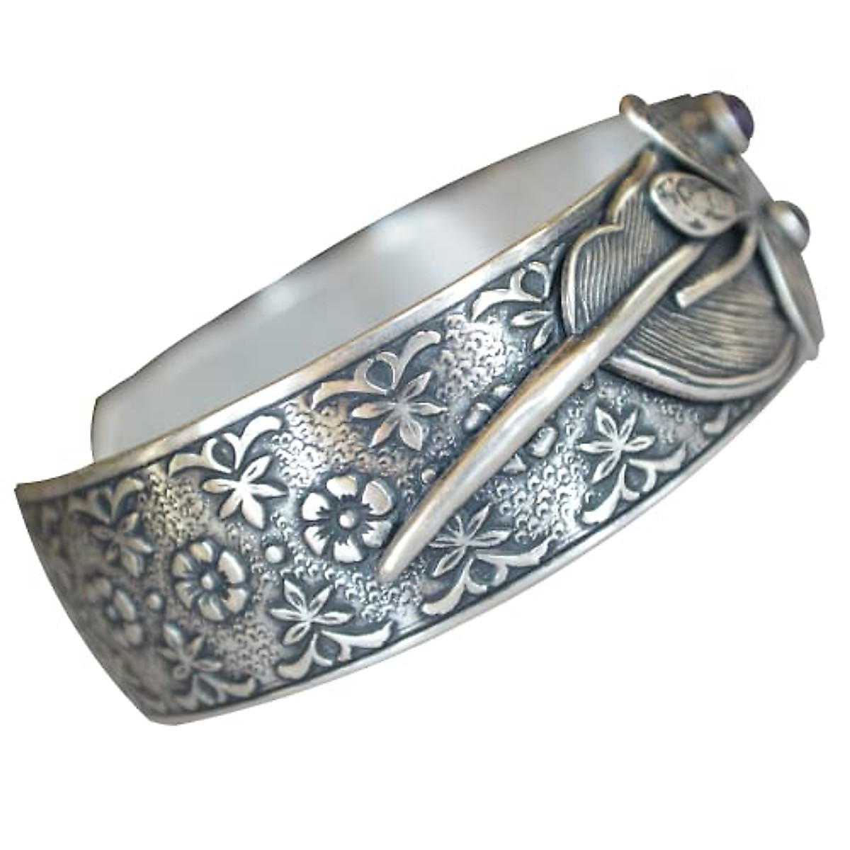 Elaine Coyne Collectible Artwear Mirror Antique Silver Dragonflies on Feather Cuff - Amethyst, Black Onyx