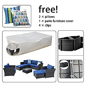 XIZZI Outdoor Patio Furniture No Assembly Required 9 PCS Patio Furniture Sets PE Rattan Wicker with 2 Pillows and Coffee Table, Backyard Patio Conversation Sets Sectional Sofa (Navy Blue)