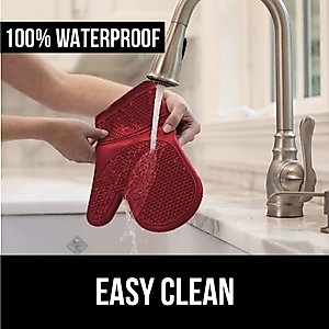 Gorilla Grip Manual Can Opener and Silicone Oven Mitts, Manual Can Opener Includes Built In Bottle Opener, Oven Mitts are 14.5 Inch, Both in Red Color, 2 Item Bundle