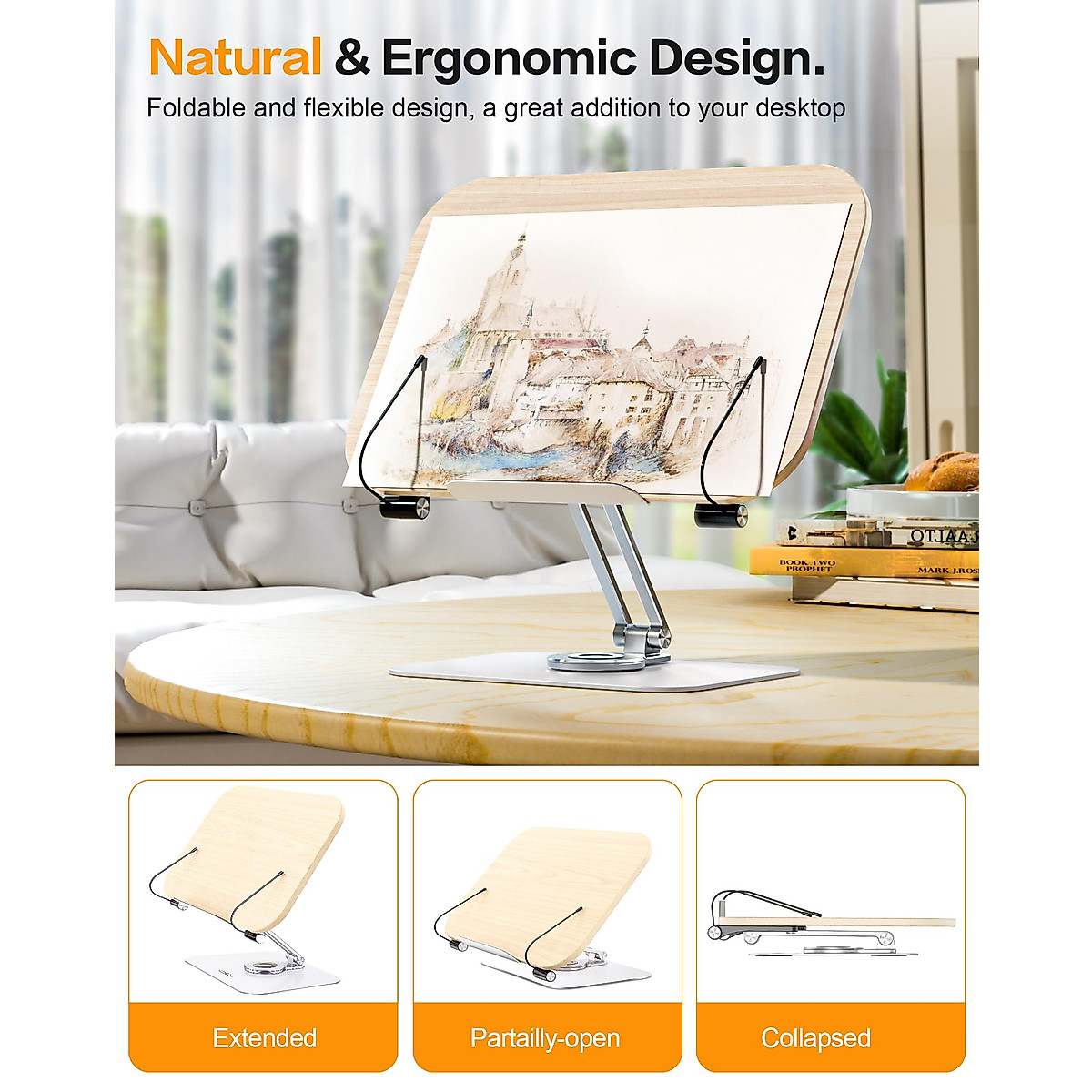 Book Stand for Reading, Amasrich Adjustable Holder with 360° Rotating Base & Page Clips, Foldable Desktop Ricer for Cookbook,Sheet Music,Laptop,Recipe,Textbook,Hands Free,Wood,Aluminium