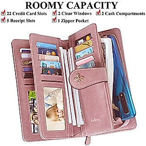 Long Wallets for Women PU Leather Credit Card Holder with Zipper Compartment Large Capacity Trifold Clutch Wristlet Multi Card Case Wallet (3-Pink)