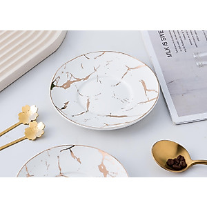 Jusalpha Serve of 4- Hand Printed Golden Matte Ceramic Marble Tea Coffee/Tea Cups with Spoons and Cup Holder, 7OZ -TCS26 (White/Gold, Serve of 4)