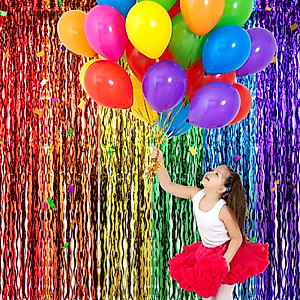 2 Pack 3.3X6.6Ft Rainbow Wavy Foil Fringe Curtains Backdrop Decorations, Rainbow Metallic Tinsel Foil Streamers Photo Booth Background for Birthday Wedding Engagement Bridal Shower Party Decorations