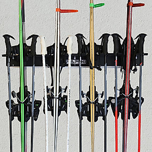 TRAPAWAY Wall Rack | Holds 4 pair of Skis or Snowboard by Bindings | Garage Organizer for Yard Tools, Gear & Equipment | Aluminum | No Moving Parts to break or pinch | Made in the USA (Black Quad)