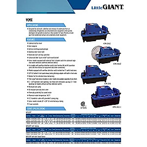 Little Giant VCMX-20ULST 115 Volt, 1/30 HP, 84 GPH Automatic Condensate Removal Pump, 6-Ft. Power Cord, Safety Switch, 20-ft. 3/8-inch Tubing, Blue, 554550