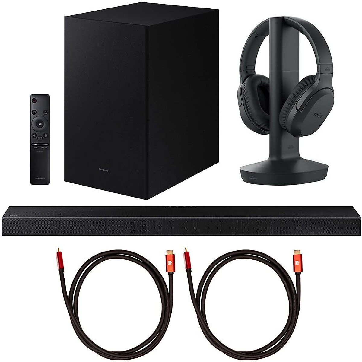SAMSUNG HW-Q600A 3.1.2ch Soundbar w/Dolby Atmos/DTS:X HW-Q600A/ZA with Wireless Active Subwoofer Bundle with Sony RF400 Wireless Home Theater Headphones and 2 HDMI Cables