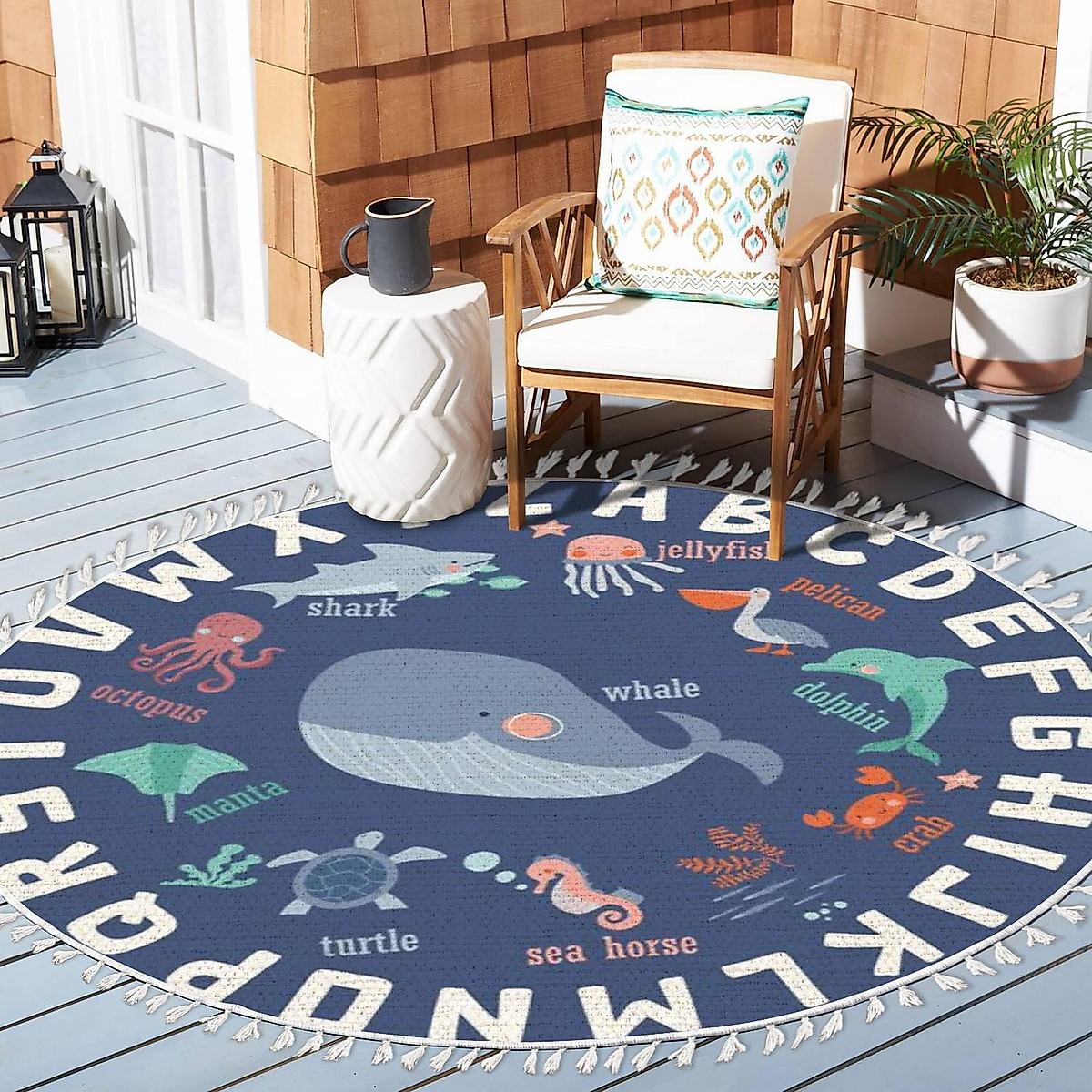 Ocean Theme Round Rugs ABC Rug Whale Alphabet Boho Area Rug Linen and Cotton Carpet Educational Rug Washable Hallway Runner Mat Neutral Accent Rug for Boys Girls Bedroom Nursery Playroom 4ft