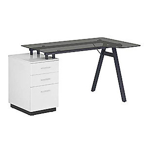 Techni Mobili Modern Smoke Tempered Glass top & Storage Home Office Computer Writing Desk Workstation with Two Cupholders and a Headphone Hook-Pine, 59.5" D x 29.25" W x 29.5" H, White
