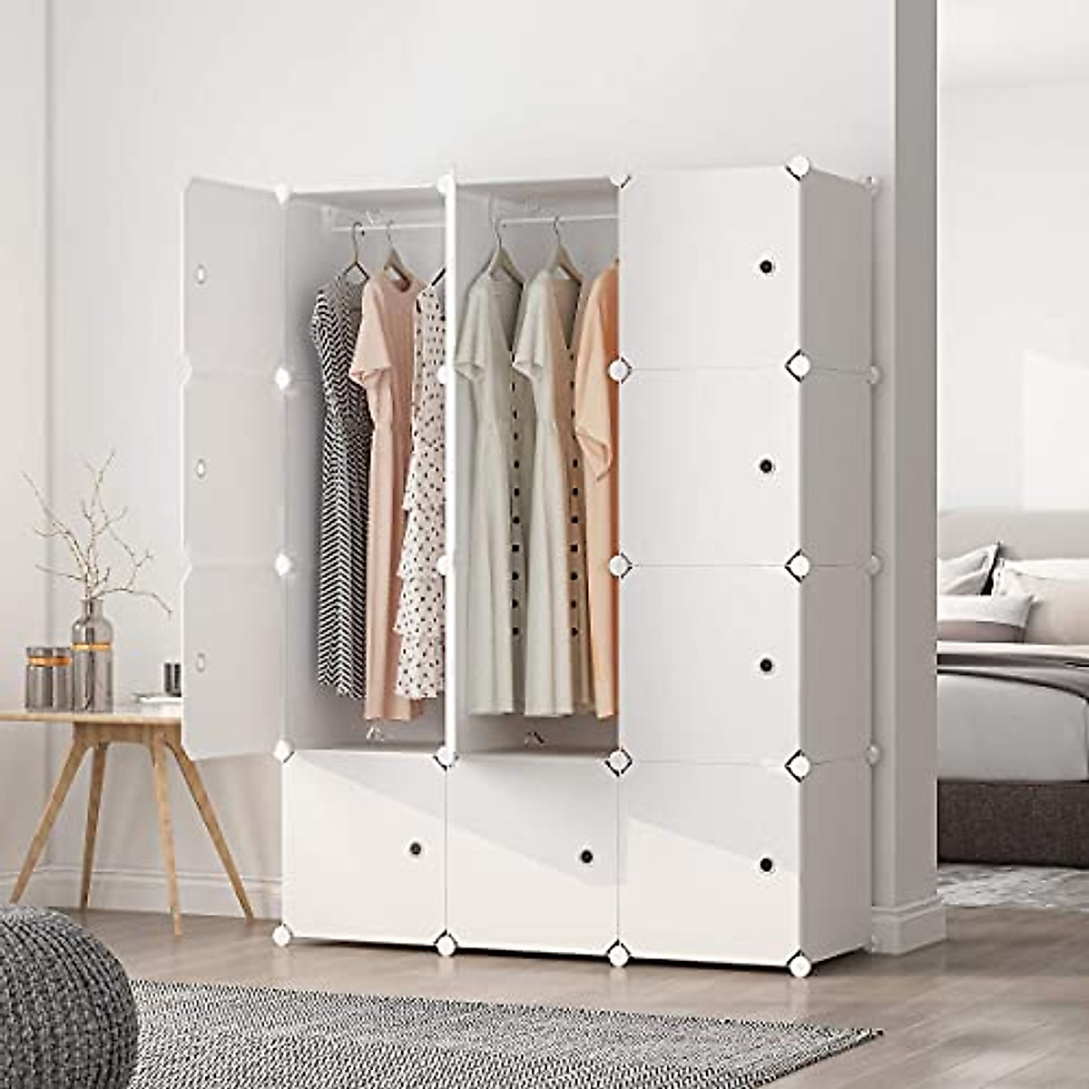 JYYG Portable Wardrobe Closets 14"x18" Depth Bedroom Armoire, Clothes Storage Organizer, 6 Cubes + 2 Hangers, White