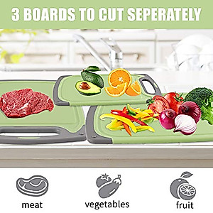 Cutting Boards for Kitchen, Plastic Chopping Board Set of 4 with Non-Slip Feet and Deep Drip Juice Groove, Easy Grip Handle, Dishwasher Safe, BPA Free, Non-porous(Green/Gray)