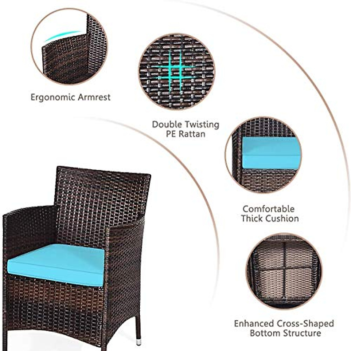 HAPPYGRILL 3-Pieces Patio Furniture Set Outdoor Rattan Wicker Conversation Set with Coffee Table Chairs & Cushions for Patio Garden Lawn Backyard Poolside