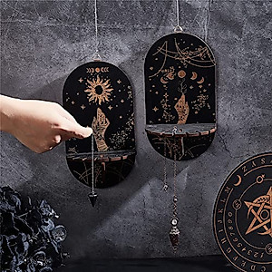 CRASPIRE 2 Sets Small Crystal Shelf Black Sun Crystal Display Shelf Magical Boho Hand Shelf Witch Stuff Wooden Hanging Rustic Crystal Holder Stand for Crystals Essential Oil Necklace Jewelry
