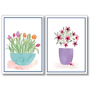 Floral Wall Art Decor - Potted Flower Botanical Prints - Set of 6-5x7 - Unframed