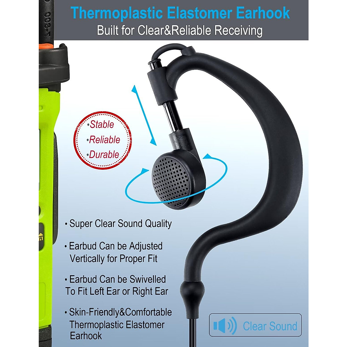 commountain CP200D CLS1410 Earpiece Compatible for Motorola Radios R2 CLS1110 CP100D CP200 CP185 BPR40 BPR40D DTR700 DTR650 RDU4100 RDU4160D RMU2040 RMU2080D CLS CP, G Earhook Headset Ear Piece-5 Pack