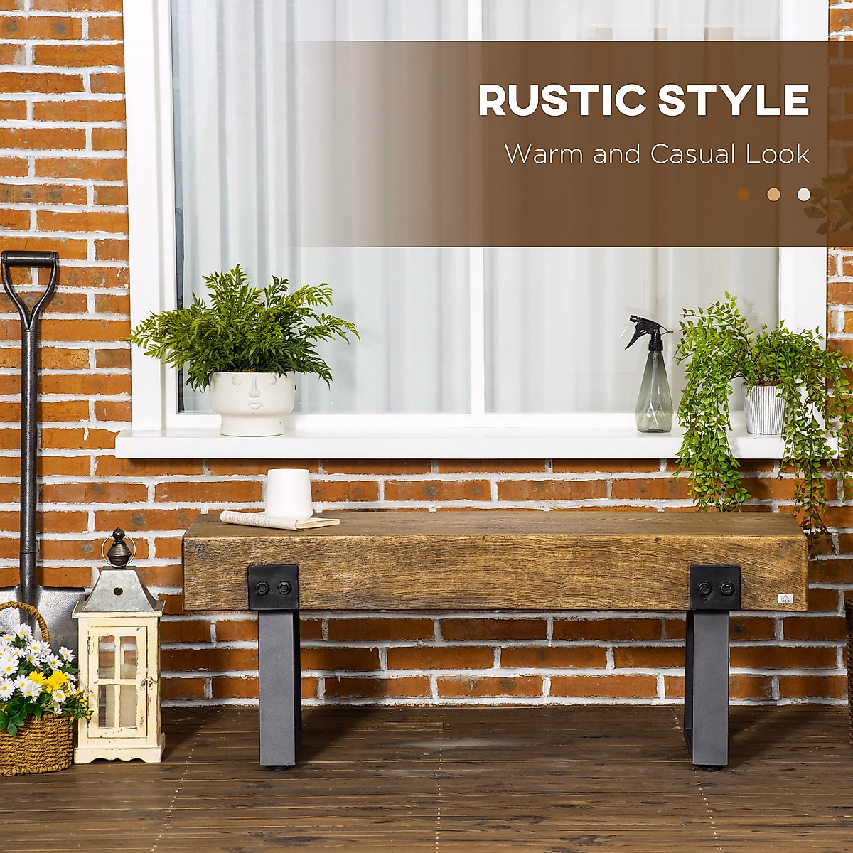 HOMCOM Garden Bench with Metal Legs, Rustic Wood Effect Concrete Entryway Bench, End of Bed Bench, Indoor Outdoor Use for Patio, Park, Porch and Lawn, Natural and Black