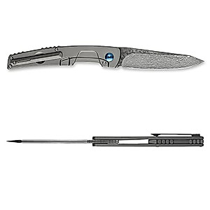 Miki Camping Pocket Folding Japanese Knife, Titanium Handle, Frame Lock, Handmade Damascus Steel Blade, Leather Sheath