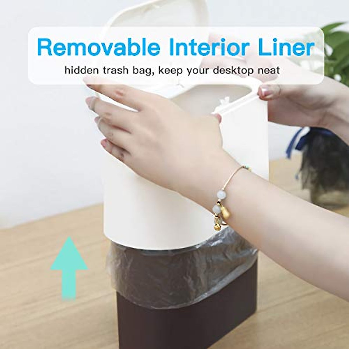 AYADA Mini Trash Can with Lid, Press-Type with Removable Inner Plastic Small Garbage Can Little Tiny Waste Basket Compact Covered Closable Trash Bin, Desk Countertop Office Kids Oval Rectangle (White)