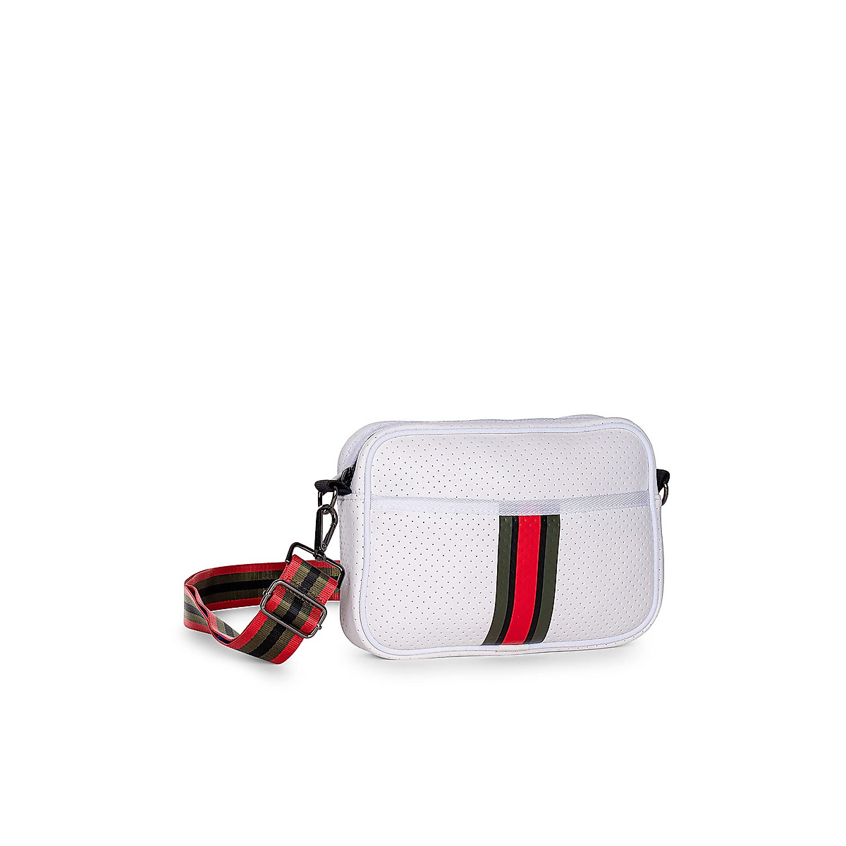 Haute Shore - Drew Trento Crossbody,White Coated W/Olive,Black,& Red Stripe