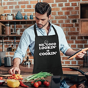 Xornis 100% Cotton Funny Aprons for Men Mr. Good Looking is Cooking Kitchen Grill BBQ Adjustable Bib Aprons with 2 Pockets Gifts for Dad Father's Day Birthday Anniversary