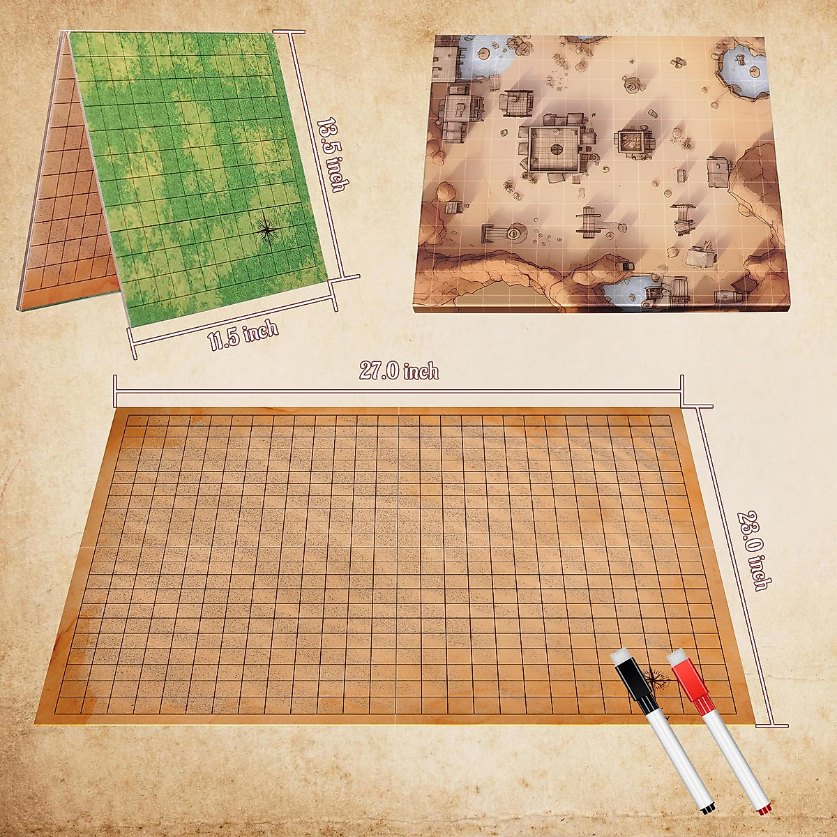 CZYY DND Foldable Mat Dry Erase TTRPG Map Grassland & Desert Two-Sided Cardboard Terrain 27x23 Inches with Square Grid - Portable, Reusable Game Board for D&D, Pathfinder and Tabletop RPGs (Style A)