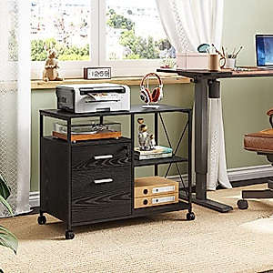 DEVAISE 2 Drawer Lateral File Cabinet with Lock, Mobile Printer Stand with Open Storage Shelf, Wood Filing Cabinet fits A4 or Letter Size for Home Office, Black