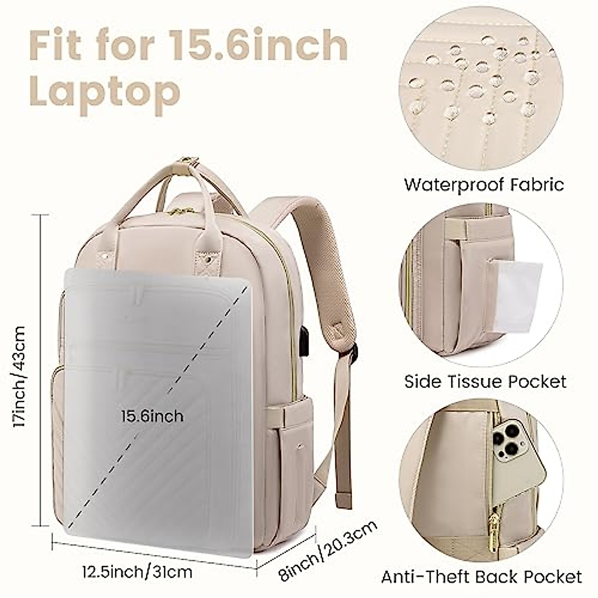 LOVEVOOK Laptop Backpack Women Teacher Backpack,15.6 Inch Laptop Bag with USB Port,Waterproof Daypack for Work Travel Antiquewhite