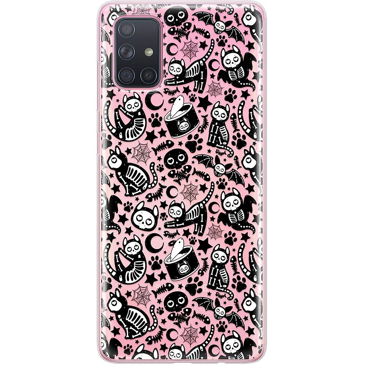 TPU Phone Case Compatible with Samsung A72 A71 5G A70 A51 A50 A32 A21 A11 A12 A13 A14 A01 Flexible Paws Spooky Cats Soft Silicone Bones Skeletons Durable Black Cute Shockproof Protective