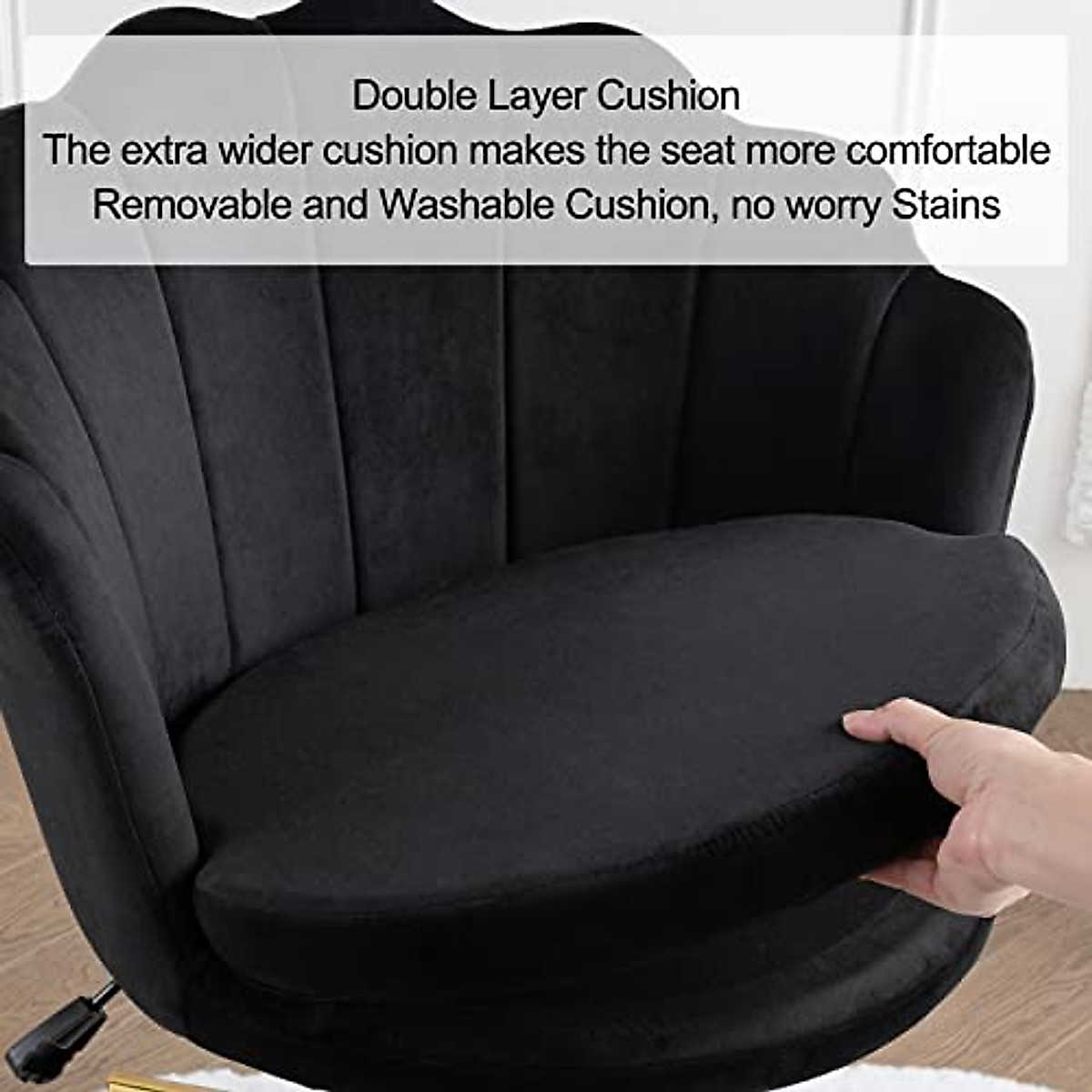 Furnimart Black Home Office Chair with Wheels Upholstered Comfy Velvet Desk Chair Stool, Cute Adjustable Swivel Modern Seashell Back Vanity Chair for Living Room, Bedroom, Office (Black)