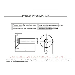 Tapping Screws,Screw Bolt,Black 304 Stainless Steel Countersunk Head Socket Head Cap Screws, M2M2.5M3M4M5M6 Flat Head Hex Socket Head Cap Screws, Small Screws,M4*6(50pcs) (Color : M5*12(20pcs))