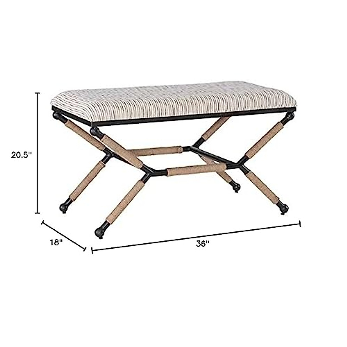 Linon Anna Campaign Accent Bench Metal Legs with Rope Detail in Cream Stripe
