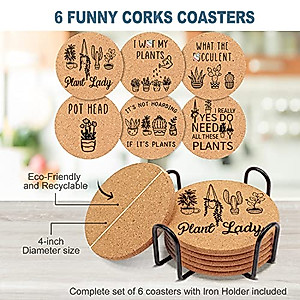 Homento Funny Plant Coasters for Drinks Absorbent with Holder-Plant Gifts for Plant Lovers Women,Funny Succulent Gifts for Gardeners,Crazy Plant Lady Gift,Plant Cork Coasters with Cork Base,Set of 6