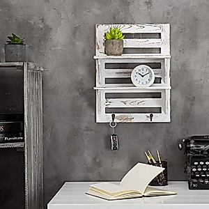MyGift 2-Tier Whitewashed Wood Wall Mounted Shelf Rack with Key Hooks, Entryway Storage Display Shelves, Bathroom Shelving and Towel Hooks, 7 x 13-Inches