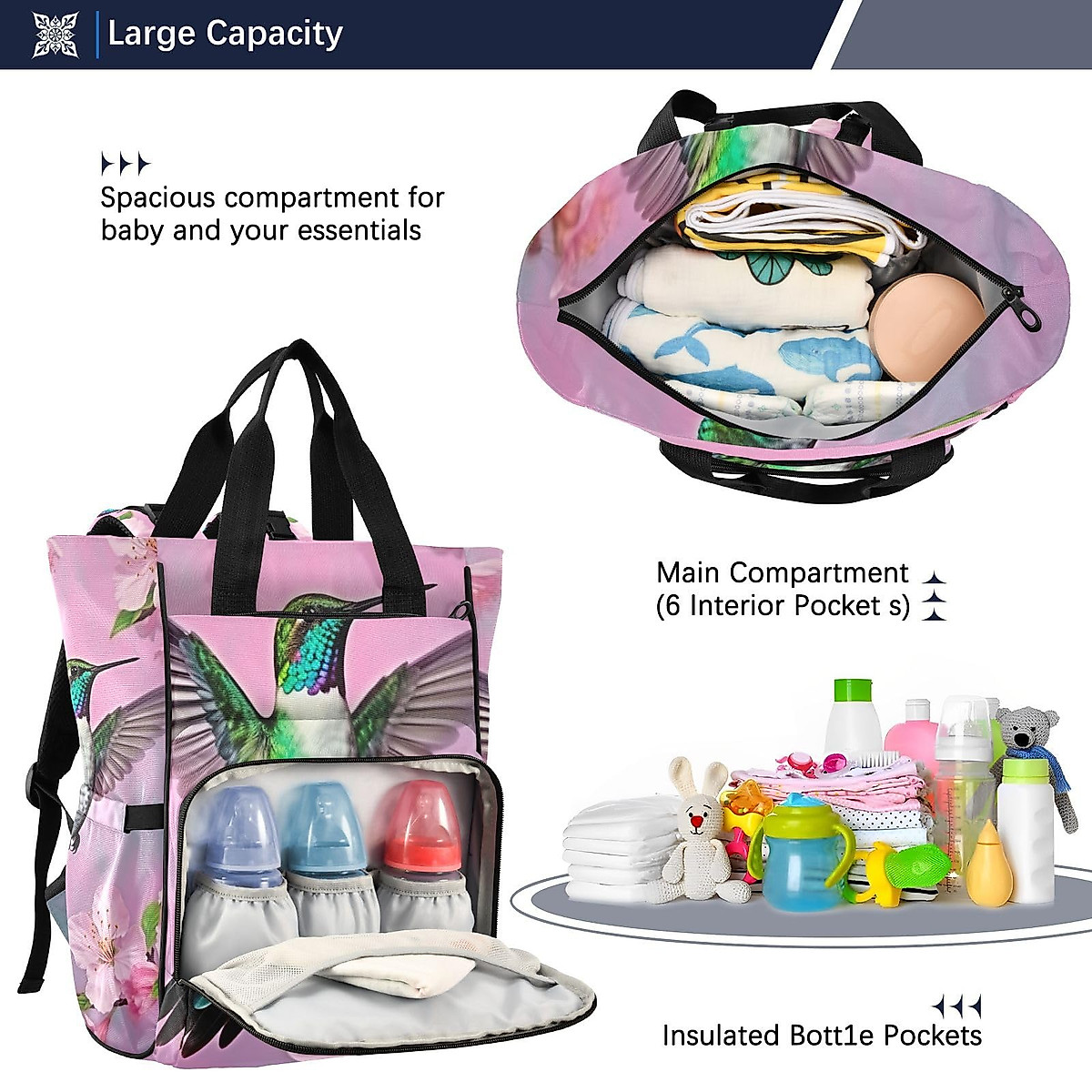 xigua Bird Hummingbird Diaper Bag Backpack Multi Function Baby Changing Bags Waterproof Large Capacity Travel Back Pack for Mom Dad