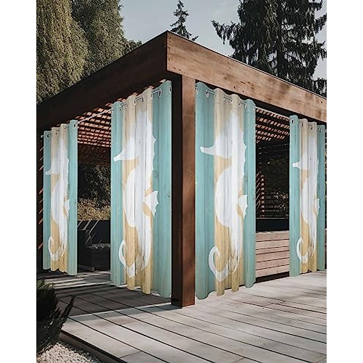 Outdoor Curtains for Patio Seahorse Under Water Sealife on Rustic Old Barn Wood Waterproof Outdoor Curtains 108 inches Long Gazebo Curtains Outdoor Waterproof Outside Drapes for Porch, Gazebo, Deck