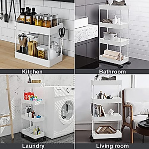Cucn Slim Storage Cart, 4 Tier Bathroom Storage Cart with Wheels Slide Out Storage Cart Bathroom Cart Organizer Slim Rolling Storage Cart in Narrow Space Between Washer and Dryer, White