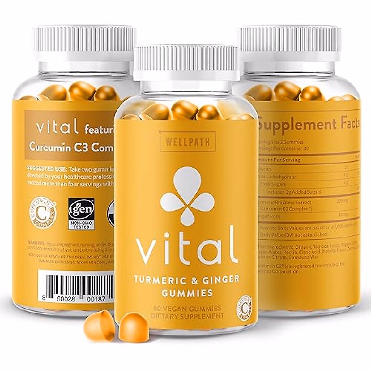 WellPath Vital Turmeric Gummies + Ginger - Joint Support Curcumin Supplement, Turmeric Curcumin C3 Complex, Tasty Alternative to Capsules, Turmeric & Ginger Root, Tropical Flavor Chews, Vegan, 60 Ct