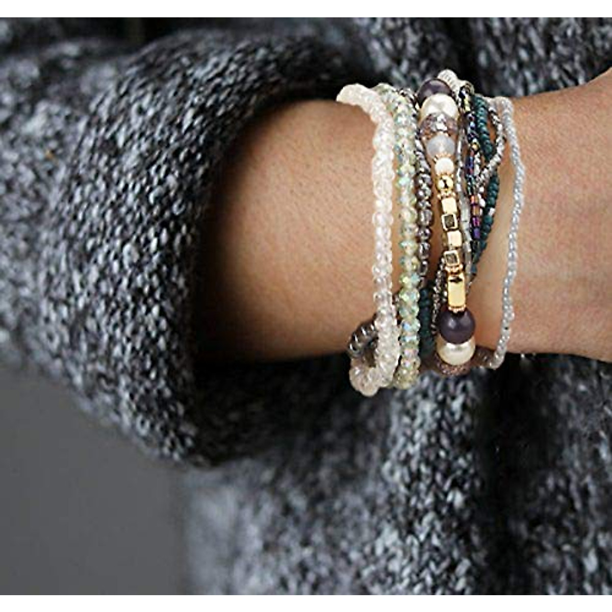 FIBO STEEL 6 Sets Bohemian Stackable Bead Bracelets for Women Stretch Multilayered Bracelet Set Multicolor Jewelry,Small Beads Stylish Style