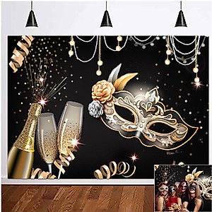 Masquerade Party Backdrops Retro Gold Black Mask Carnival Birthday Photography Backdrop Fiesta Mardi Gras Dance Photo Background Champagne Glass Photo Booths Props Decorations 8x6ft Vinyl