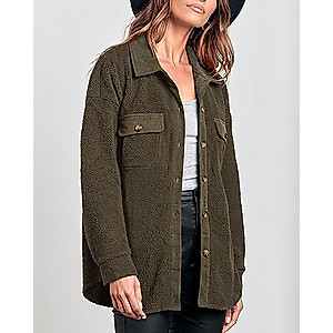 BTFBM Women's 2023 Fall Winter Button Down Shirts Sherpa Jacket Warm Long Sleeve Outerwear Faux Fur Shacket with Pockets(Solid Army Green, X-Large)