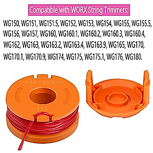 TOPEMAI WA0010 Replacement Trimmer Spool Line 0.065” for Worx WG154 WG163 WG160 WG180 WG175 WG155 WG151 String Trimmer Weed Eater (8 Spools, 2 Caps)