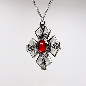 Medallion with Red Cabochon Medieval Renaissance Silver Finish Pendant Necklace