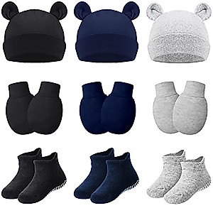 Geyoga 9 Pieces Newborn Baby Hat Mittens Sock Set Bear Ears Hat Mittens No Scratch Gloves for 0-12 Months Boy Girl(Black, Navy Blue, Gray)