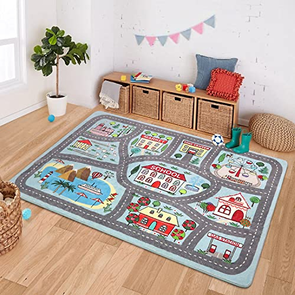LIVEBOX Soft Kids Rug 4'x6' Carpet Play Mat for Baby Boys Girls, City Life Road Traffic Playroom Rug for Playing Cars Toys, Educational Nursery Rug for Children Bedroom Kids Room