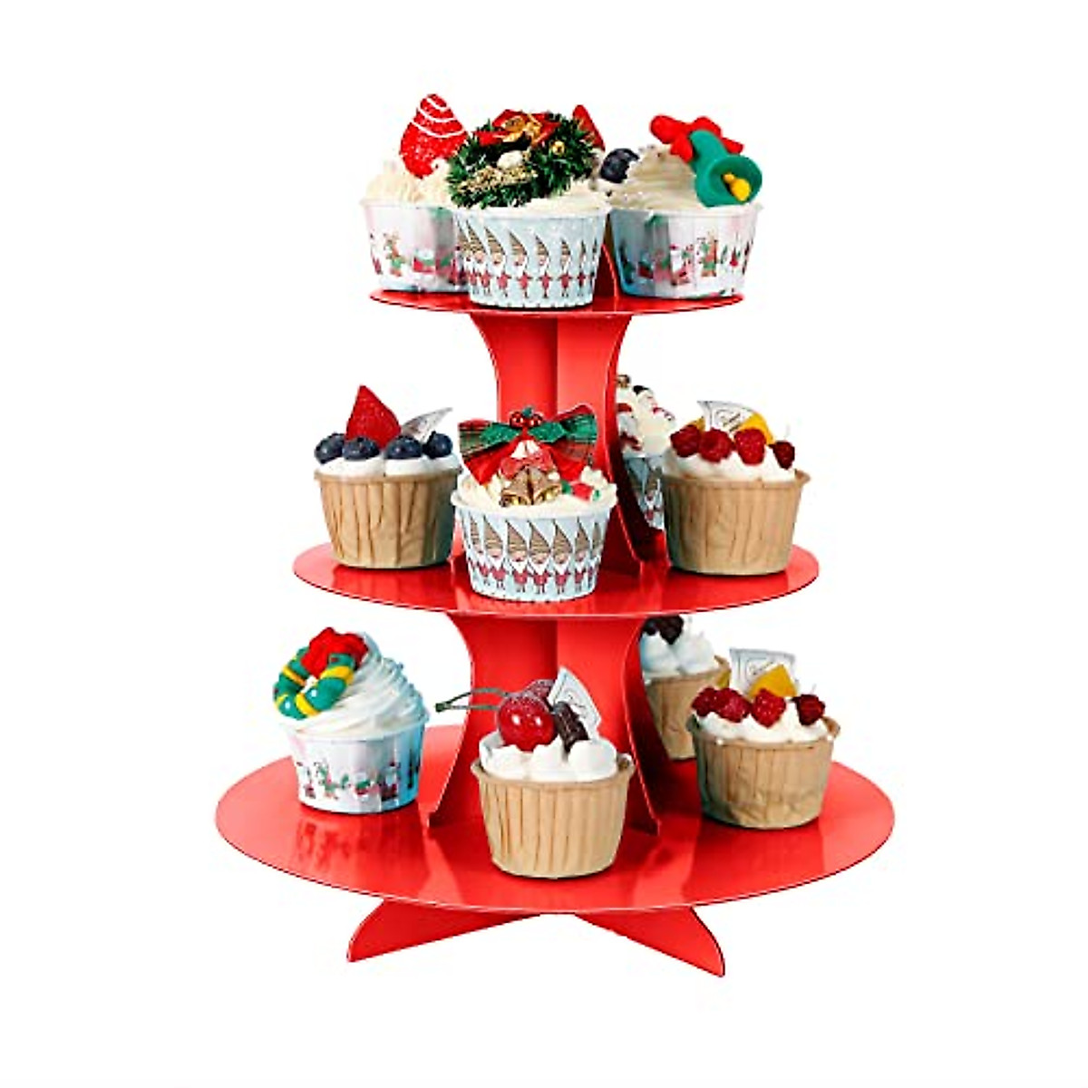YLDW 3-Tier Cupcake Stand, Cake Stand Holder, Tiered DIY Cupcake Stand Tower for Dessert Table Displays, Birthday Theme Party Favors Decoration, Floral Tea Party, 12" W x 12.8" H, Red