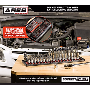 ARES 60142 - SOCKET VAULT 3-Piece 17.5-Inch Socket Rail Organizer Tray – Reinforced Plastic Tray Locks 3 17-Inch Aluminum Rails in Place – Includes 6 Locking End Caps for ARES Aluminum Socket Rails