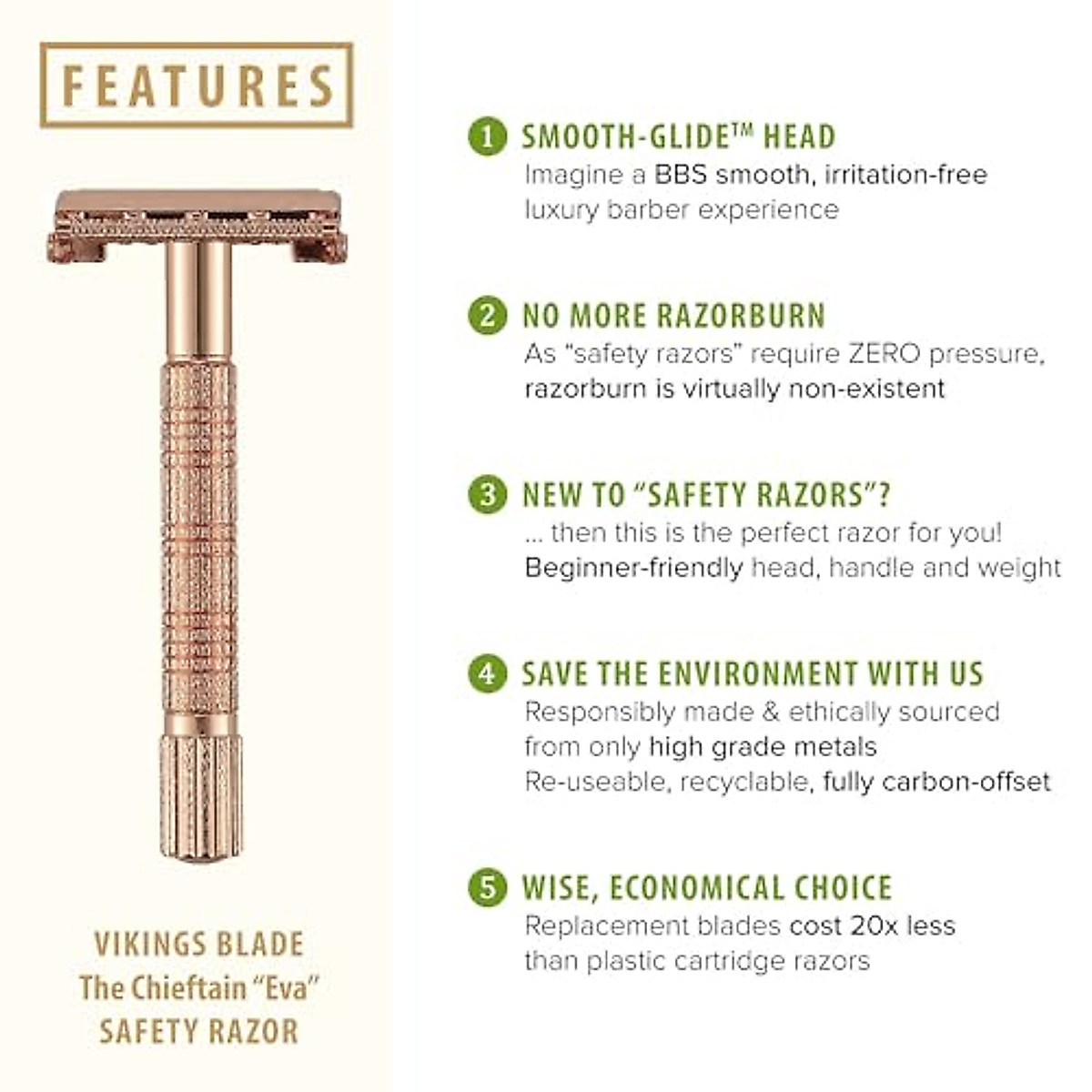 VIKINGS BLADE Safety Razor for Women + 5 Swedish Steel Blades. Quick Release Head, Double Edge. Smooth, Reusable, Eco-Friendly (Model: Eva)