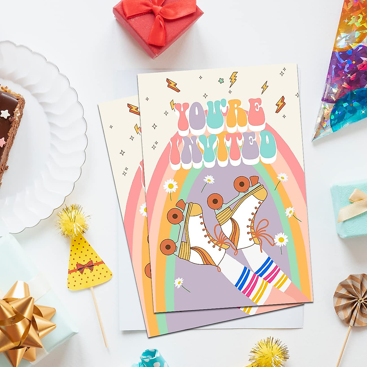 Retro Roller Skate Birthday Party Invitations with Envelopes Set of 20 Let's Roll Skating Party Invitations Kids Rainbow Skate Invites Fill in Blank