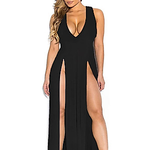 Womens Bandage Side Split V Neck Sleeveless Bodycon Clubwear Maxi Vest Dress Black